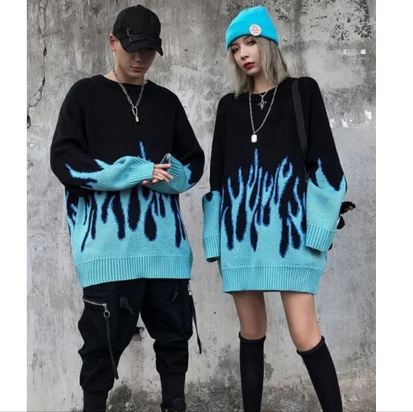 None | Sweaters | Y2k Blue Fire Flames Oversized Knit Sweater Turquoise ...